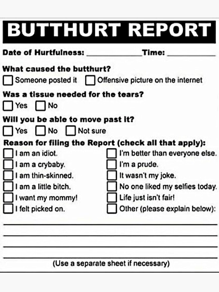 "Butthurt Report, a distressed, blurry original meme" Sticker for Sale ...