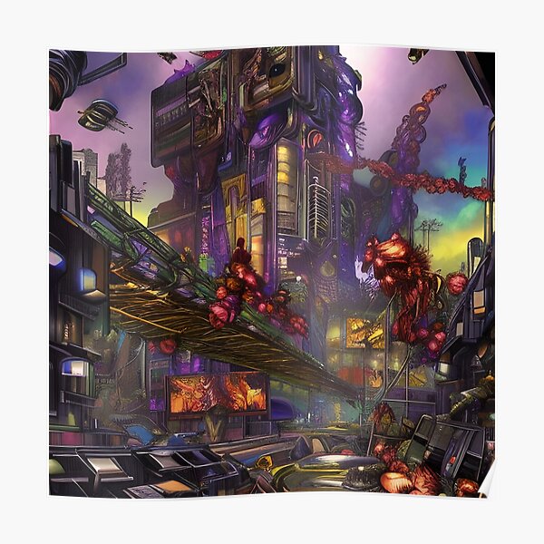"The Fall Of Cyberpunk City - Exploding Bio Building" Poster for Sale ...