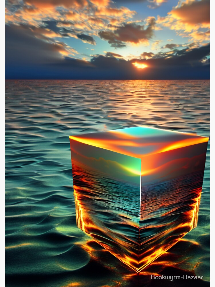 "Abstract art of a crystal cube hovering above the ocean and reflecting ...