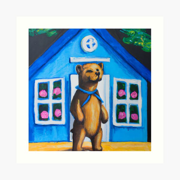 "A standing bear infront of a big blue house" Art Print for Sale by ...