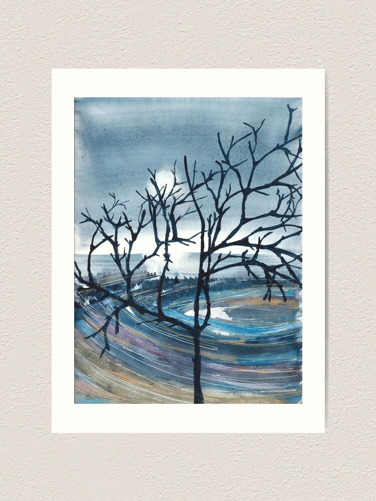 "Beautiful nature landscape, watercolor sunset, tree" Art Print for ...