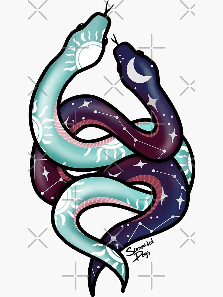 "Celestial Sun and Moon Snakes" Sticker for Sale by scrambledpegs ...