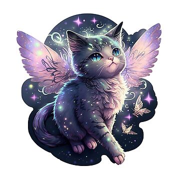 "Cartoon Grey Fairy Cat - Pink and purple cute magical fairy cat with ...