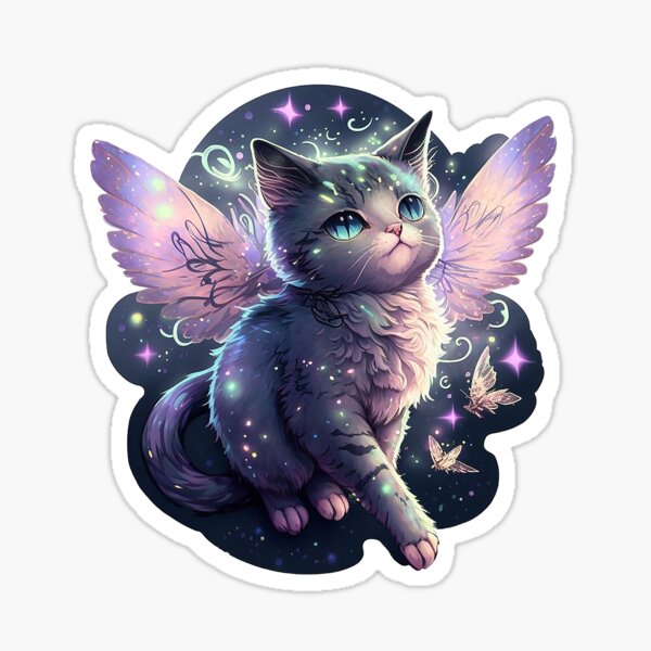 "Cartoon Grey Fairy Cat - Pink and purple cute magical fairy cat with ...