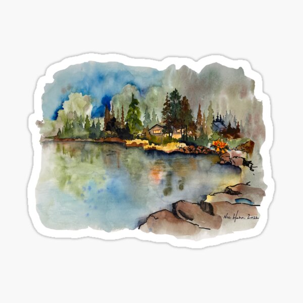 "Cabin on the Lake" Sticker for Sale by MiniMatisse | Redbubble