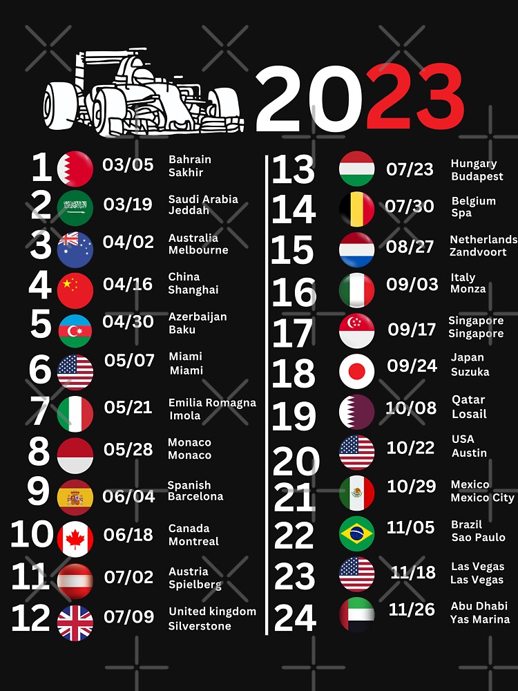 " Formula One Calendar 2023" T-shirt for Sale by DESIGNBYALWAN ...