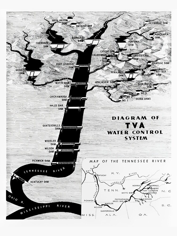 "Vintage Map of Tennessee Valley Authority (TVA) Dam System 1933" Art ...