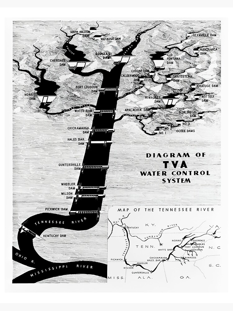 "Vintage Map of Tennessee Valley Authority (TVA) Dam System 1933" Art ...
