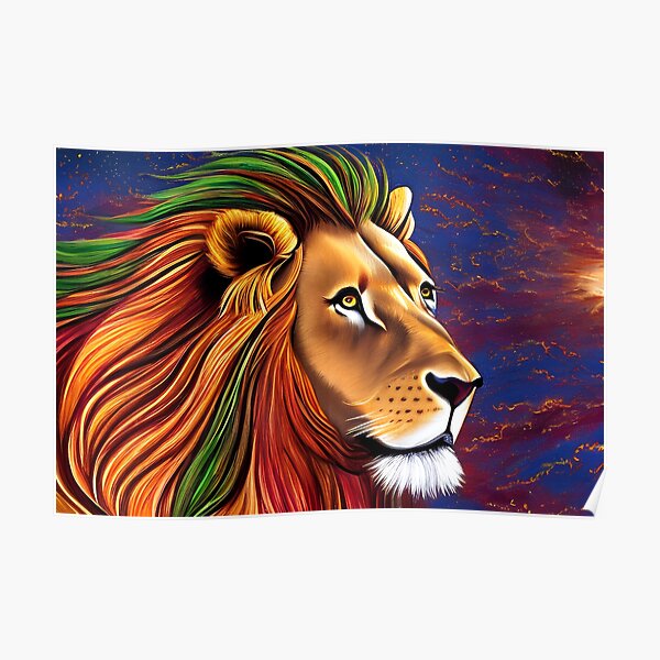 "Lion looking deep in space, Rasta colors lion with big mane" Poster ...