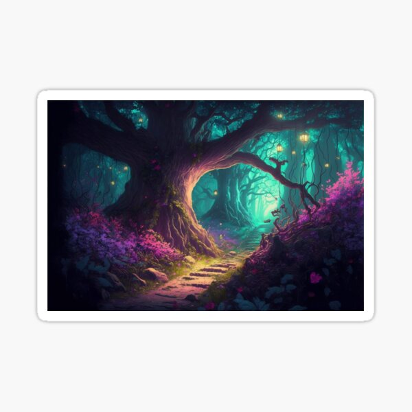 "Vibrant Fairycore Forest Path with Hanging Lanterns" Sticker for Sale ...