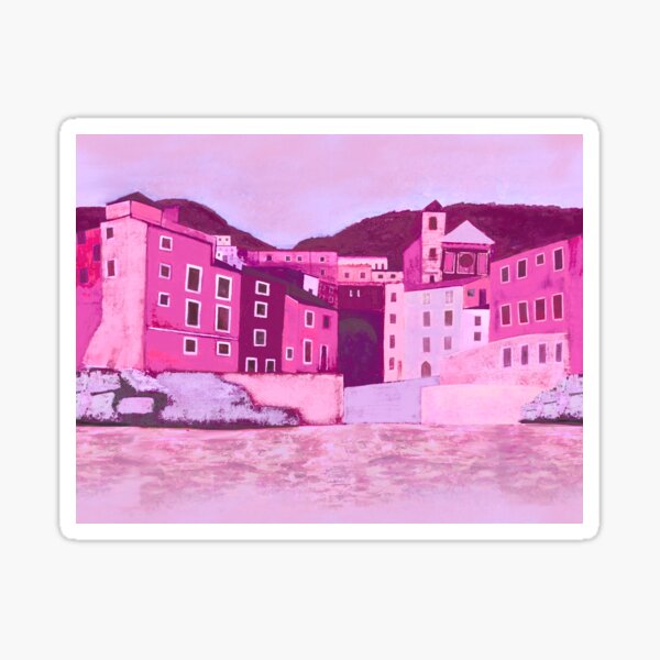 "Italian town Cinque Terre pink tones" Sticker for Sale by QuirkyArtz ...