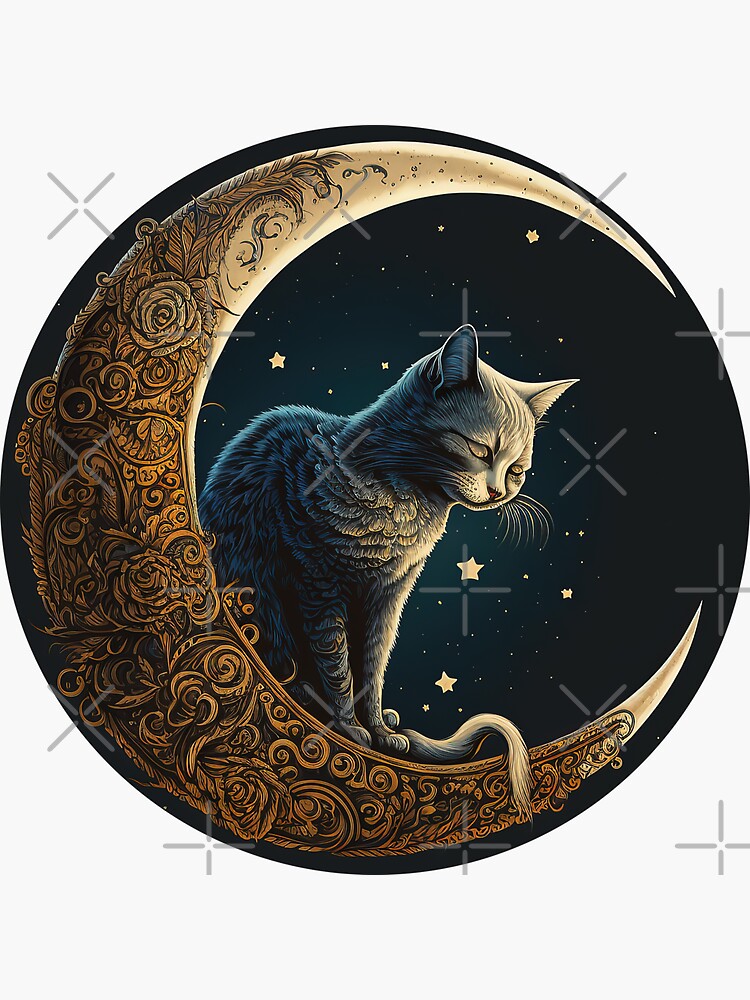 "Cat On Crescent Moon #1" Sticker for Sale by KLOIK | Redbubble