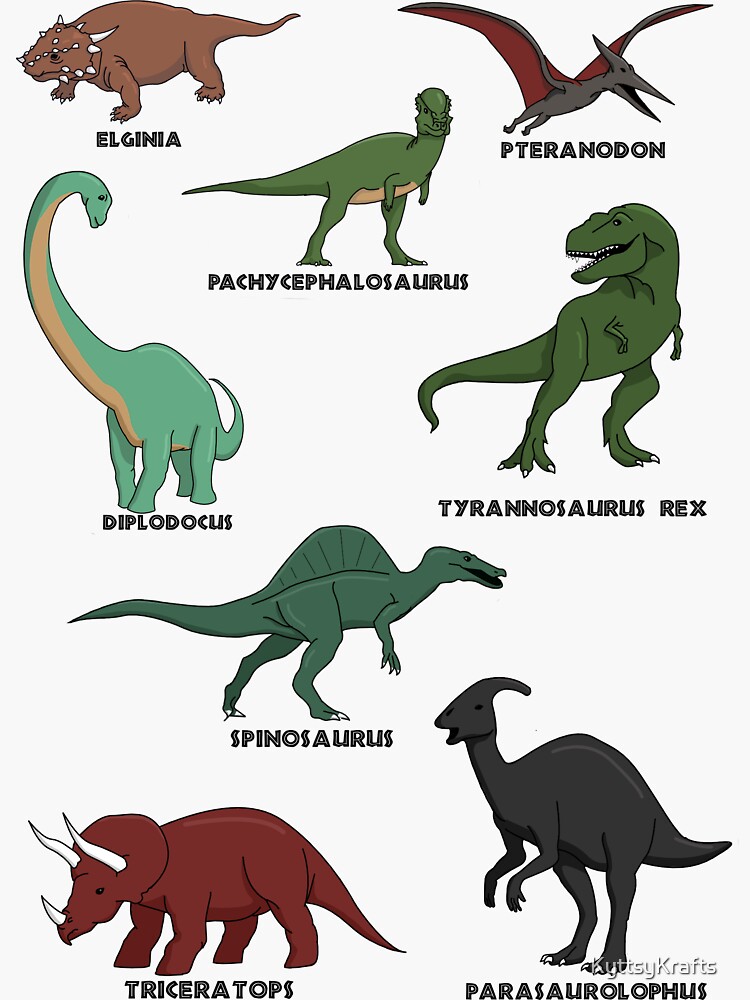 "Dinosaur sheet with multiple cartoon drawings and labels" Sticker for ...