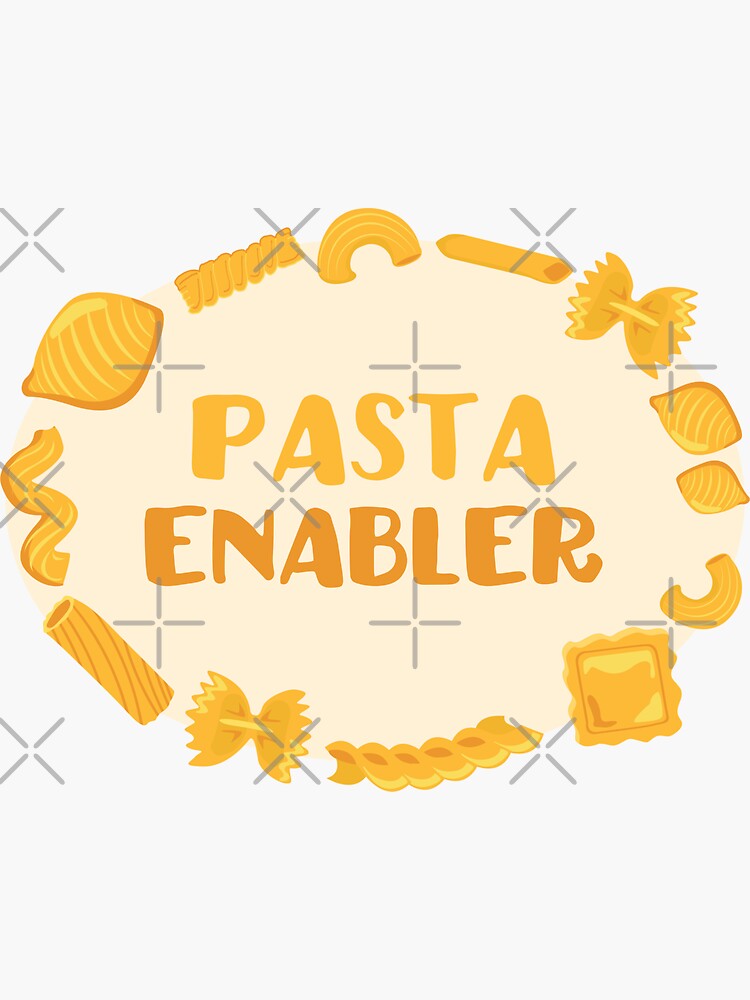 ""Pasta Enabler" slogan + pattern of assorted pasta shapes on pale ...