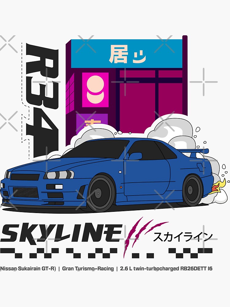 "Nissan Skyline GT-R - R34 99'" Sticker for Sale by marcimarcc | Redbubble
