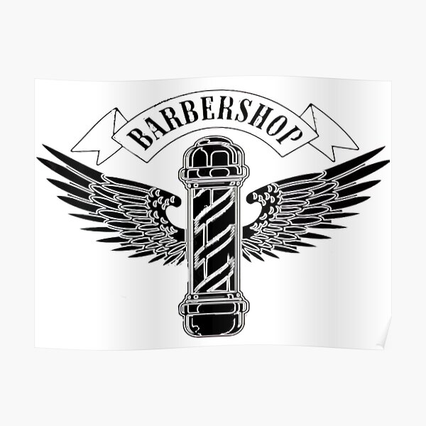 "Barbershop sign white with black writing features barber pole and ...