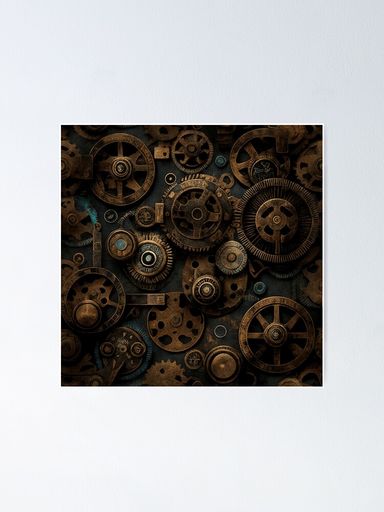 "Vintage worn and dirty mechanical brass cogs, wheels and bolts a retro ...