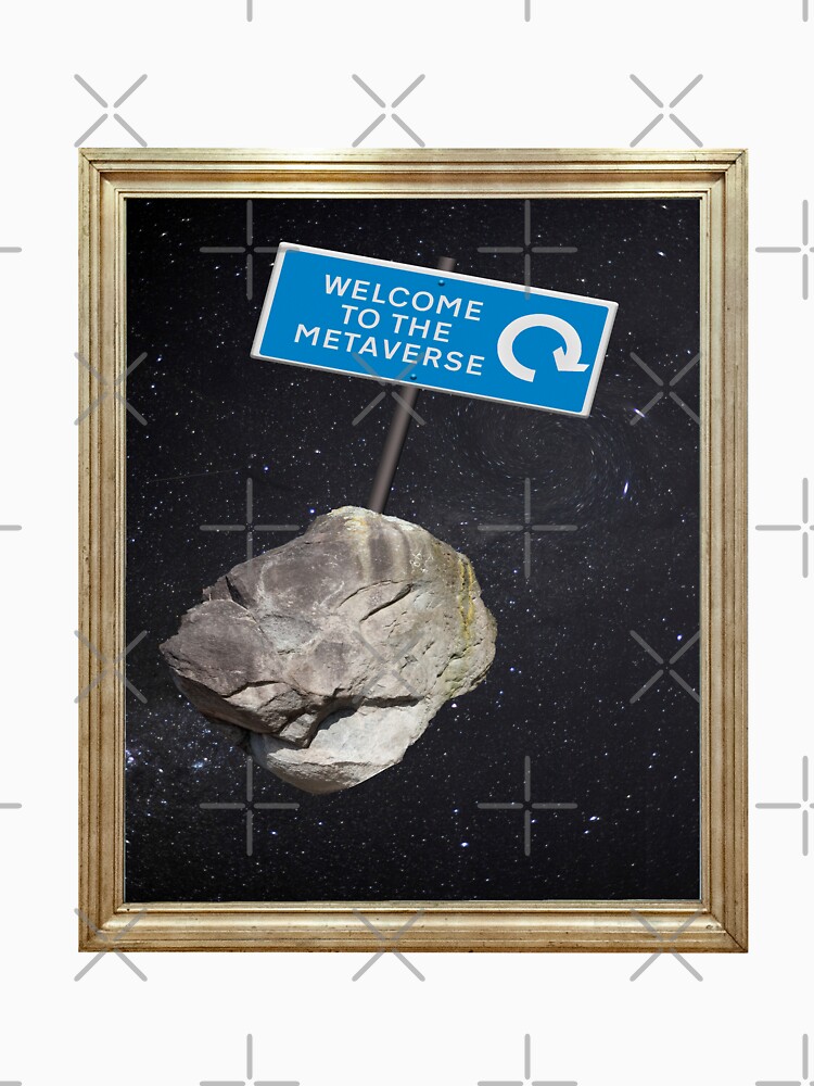 "Cartoon Road sign welcome to the metaverse on a rock floating in outer ...