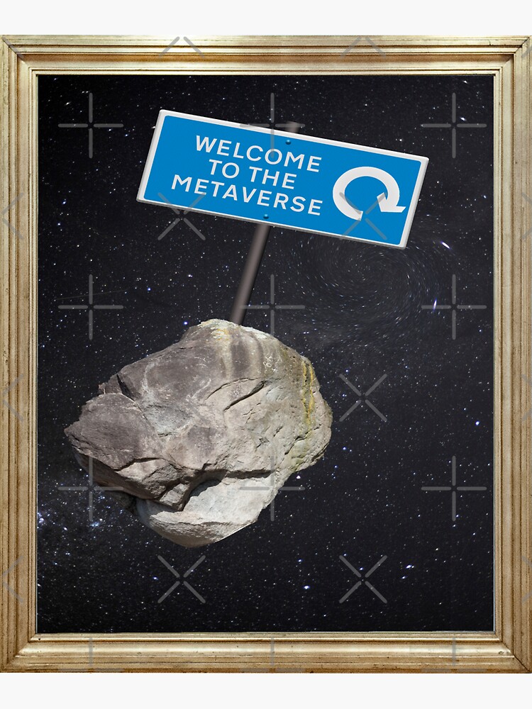 "Cartoon Road sign welcome to the metaverse on a rock floating in outer ...