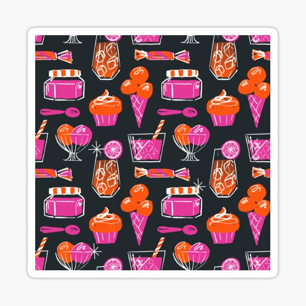 "Yummy treats design on black background with red and magenta pink ...