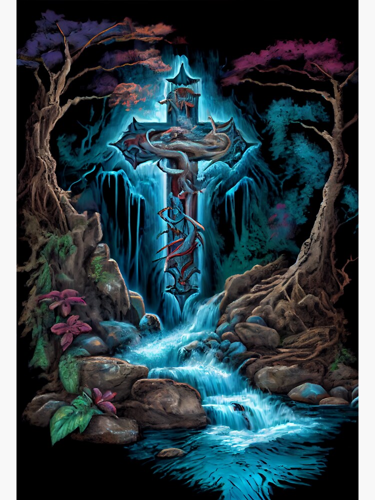 "Bioluminescent Waterfall: Cross in Middle of Waterfall - Fantasy ...