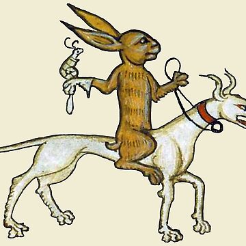 "Medieval Rabbit Riding Dog and Holding Snail" Sticker for Sale by ...