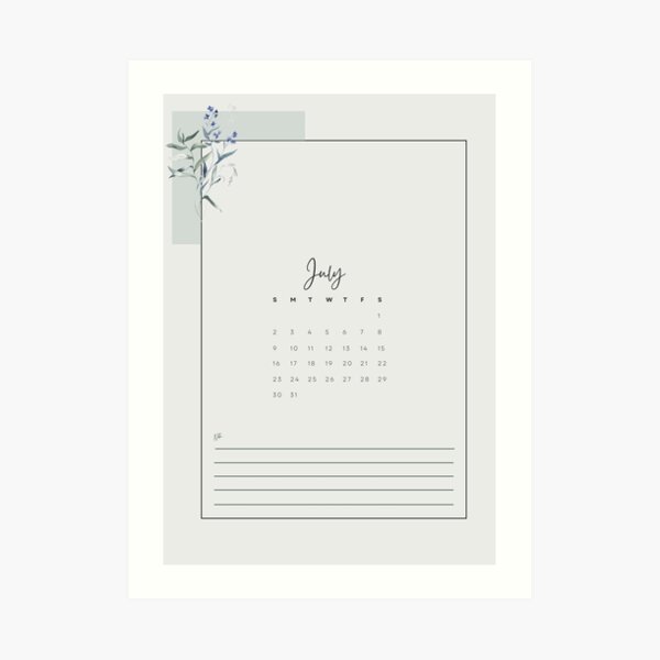 "2023 Minimalistic Floral Aesthetic July Printable Calendar, A4 Monthly ...
