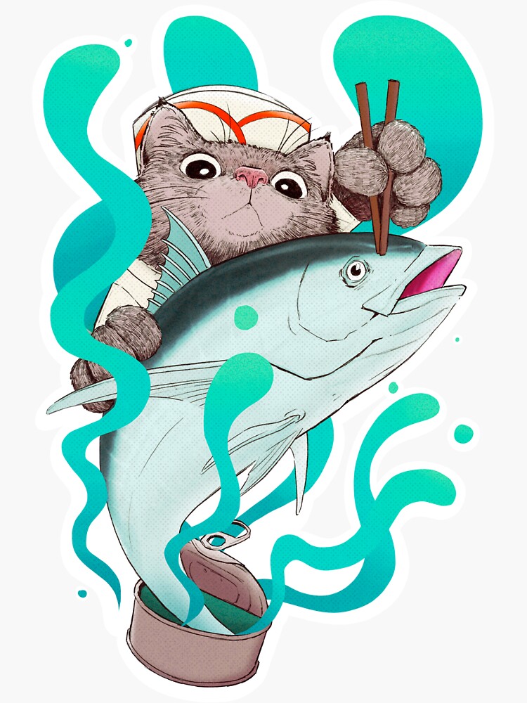"Sushi chef cat riding a canned tuna" Sticker for Sale by helena-dam ...