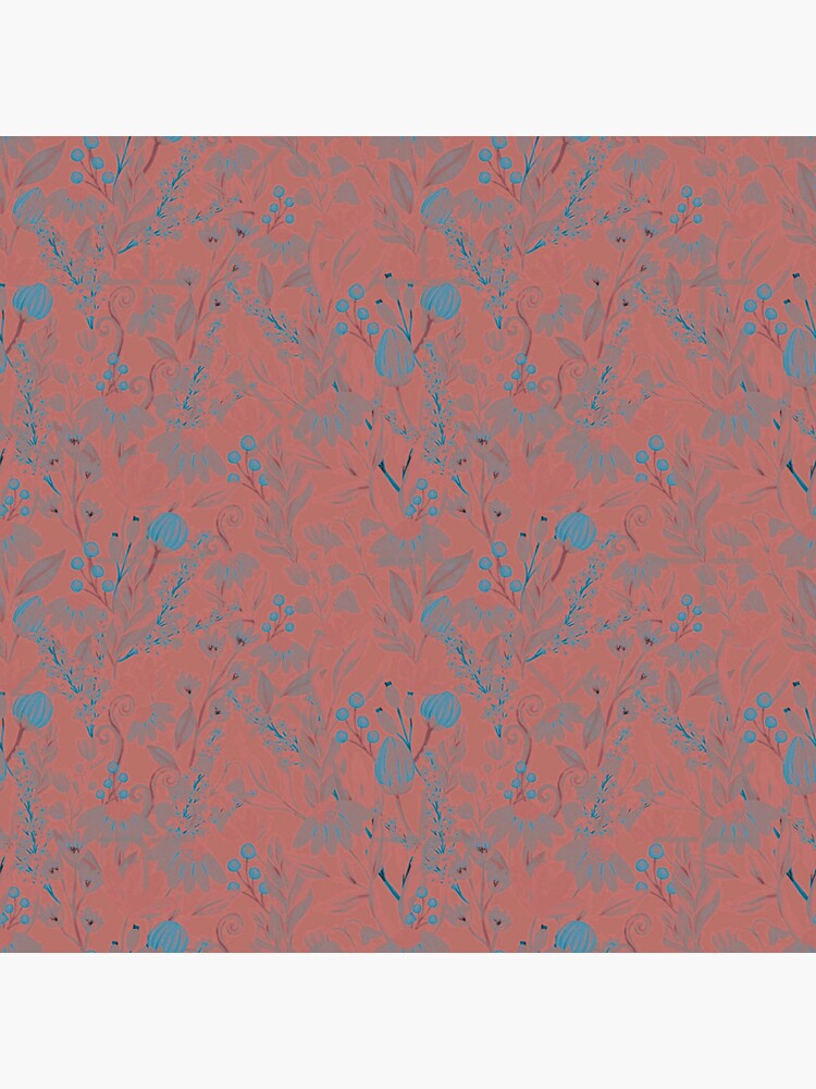 "azure blue, grey, magenta floral pattern on dusty coral pink ...