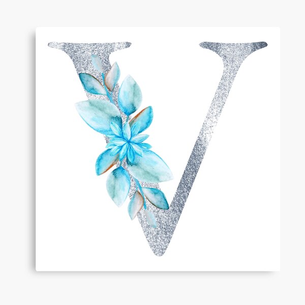 Lienzo «V letra de brillo metálico plateado, abc, alfabeto botánico ...