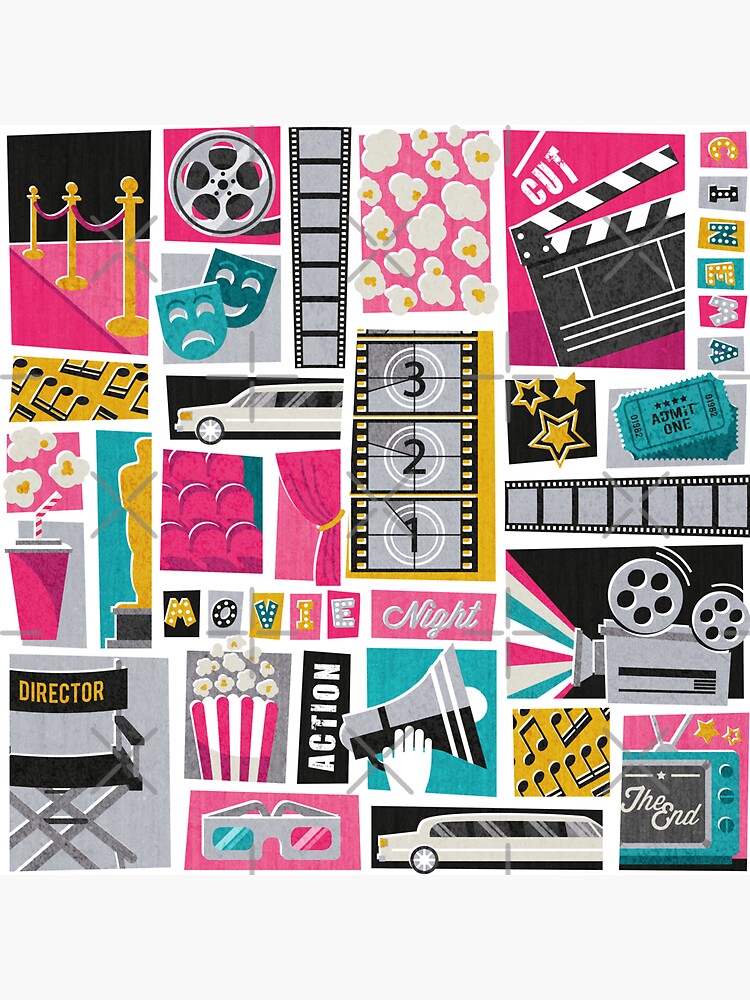 "Movie night // white background yellow pink and teal film and cinema ...