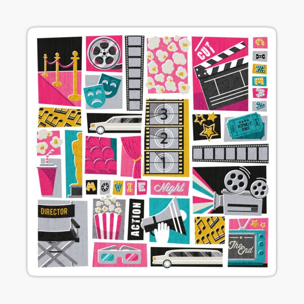 "Movie night // white background yellow pink and teal film and cinema ...