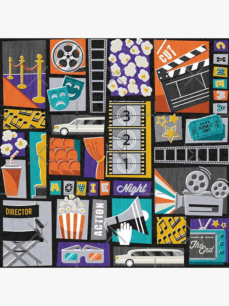 "Movie night // black background yellow orange teal and purple film and ...