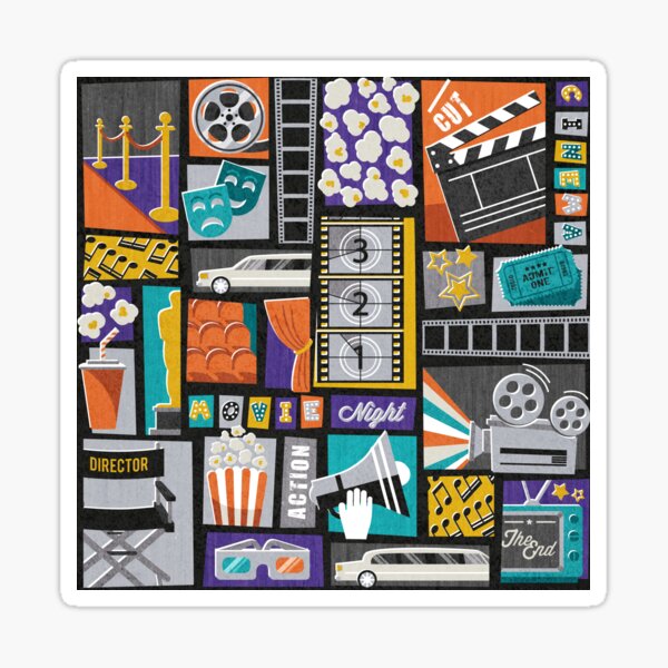"Movie night // black background yellow orange teal and purple film and ...