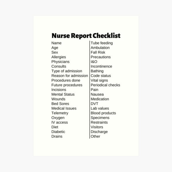 "Nurse Report Checklist Chart" Art Print for Sale by Caregiverology ...