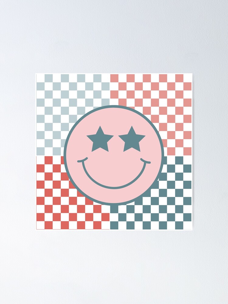 "Preppy Smiley Face on Pastel Pink and Blue Checker Board" Poster for ...