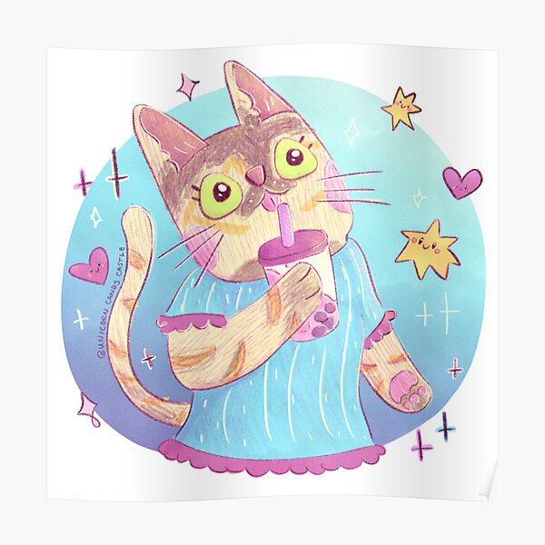 "Calico Cat Wearing Clothes and Drinking Boba Tea" Poster for Sale by ...