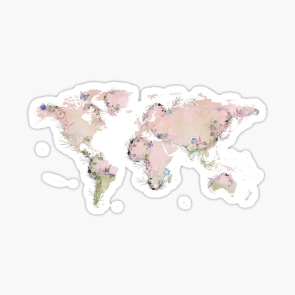 "Old pink world map decorated with flowers and animals. Watercolor ...