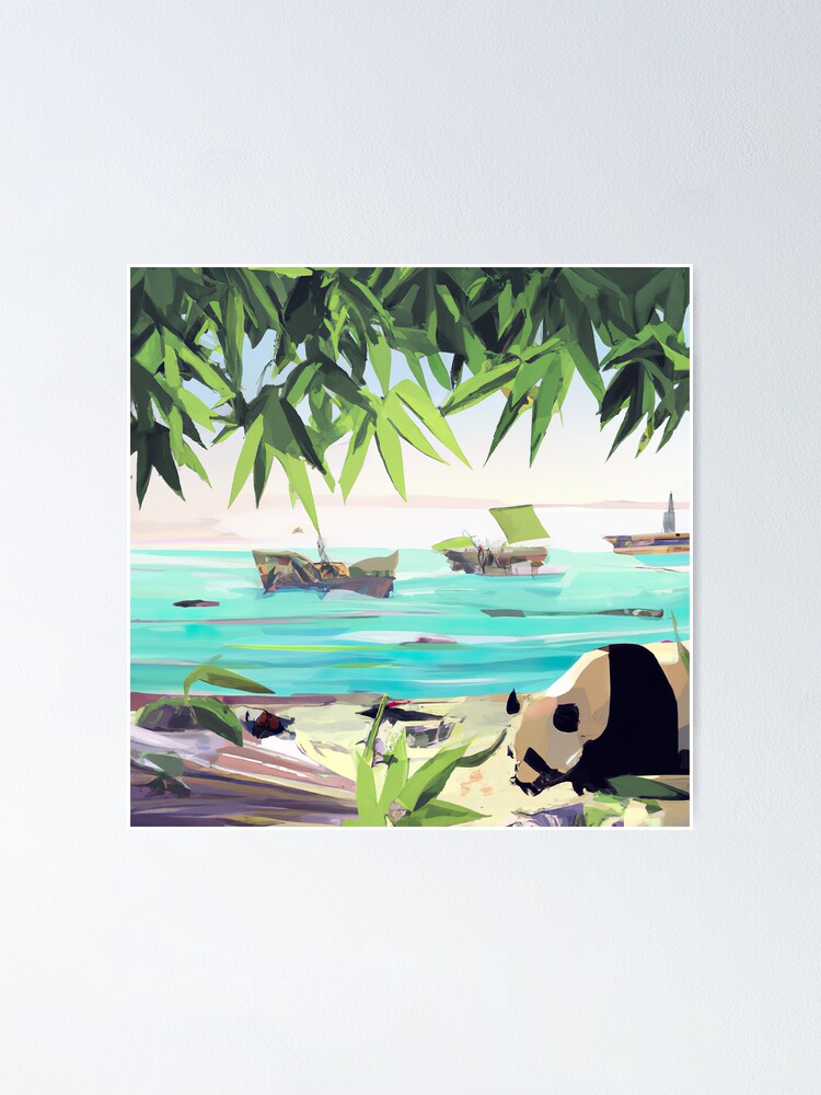 "Panda on the beach looking out at sailing ships" Poster for Sale by ...