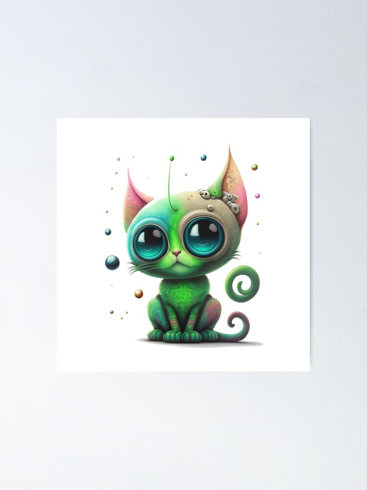 "Cute Green Alien Cat With Monstrous Eyes" Poster for Sale by ...
