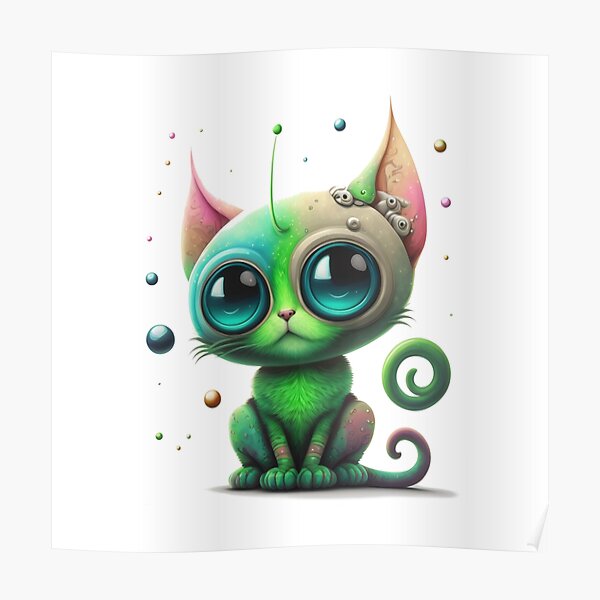 "Cute Green Alien Cat With Monstrous Eyes" Poster for Sale by ...