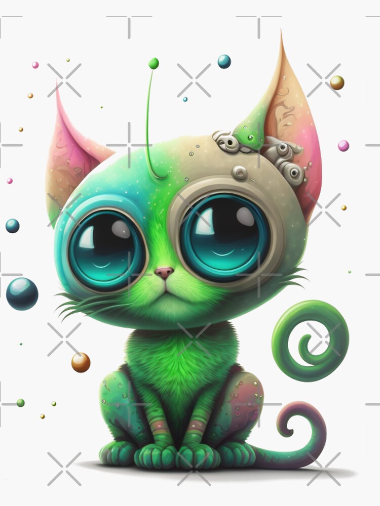 "Cute Green Alien Cat With Monstrous Eyes" Sticker for Sale by ...