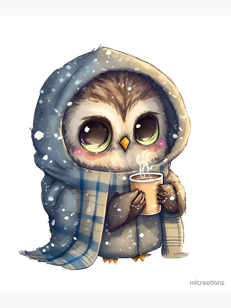 "Chibi Owl Drinking Hot Chocolate cute christmas snow design series 5 ...
