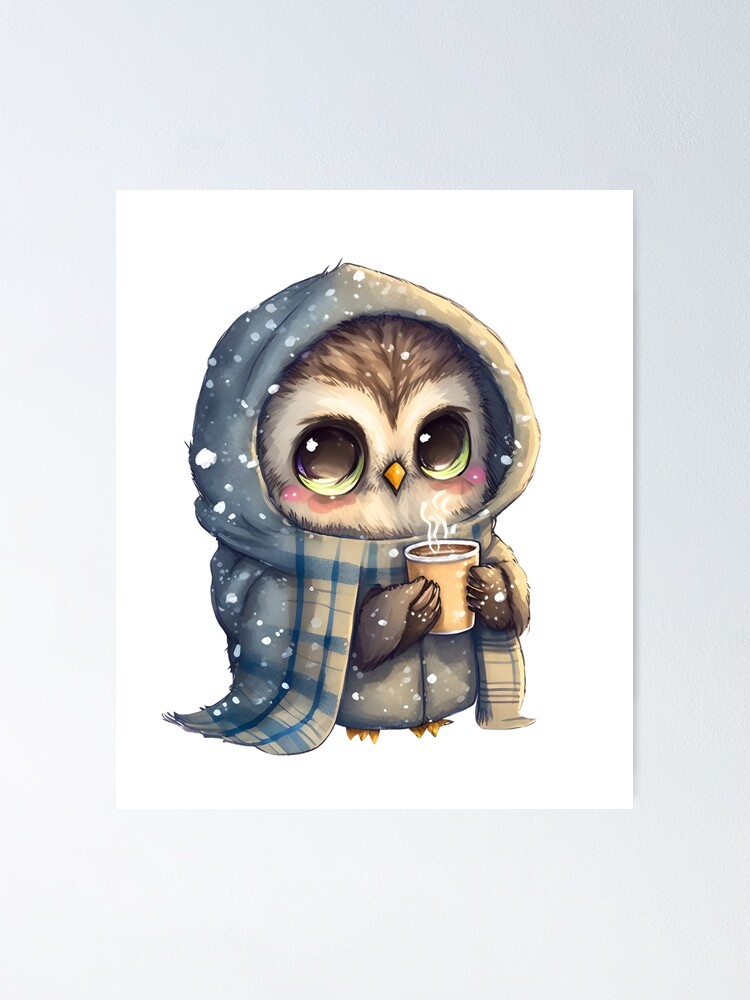 "Chibi Owl Drinking Hot Chocolate cute christmas snow design series 5 ...