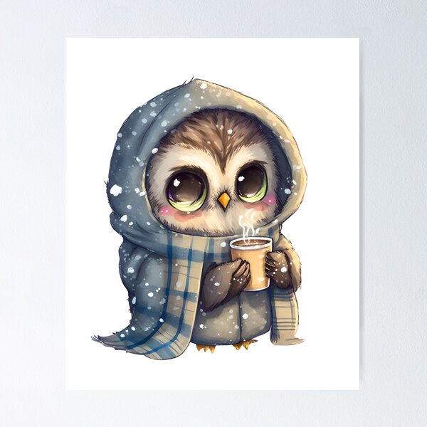 "Chibi Owl Drinking Hot Chocolate cute christmas snow design series 5 ...