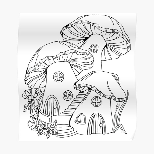 "Toadstool Houses - Fairy-tale - Outline/Black and White" Poster for ...