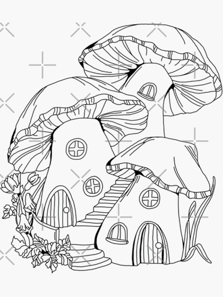 "Toadstool Houses - Fairy-tale - Outline/Black and White" Sticker for ...