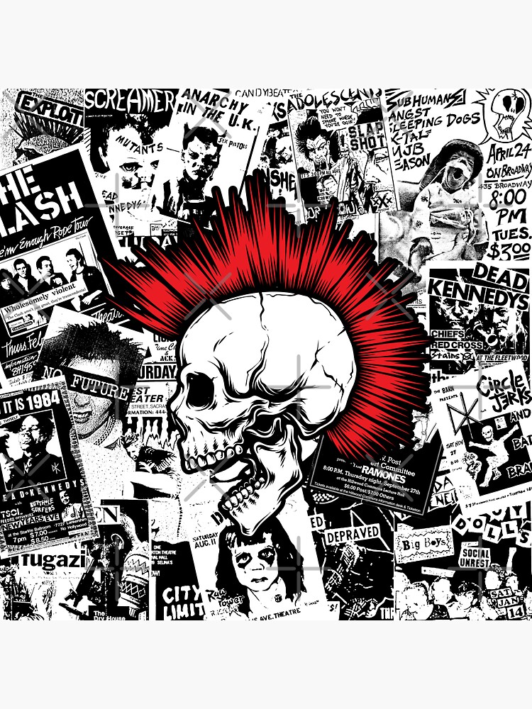 "Punk Flyers Collage Punkrock Skull with Red Mohawk" Sticker for Sale ...
