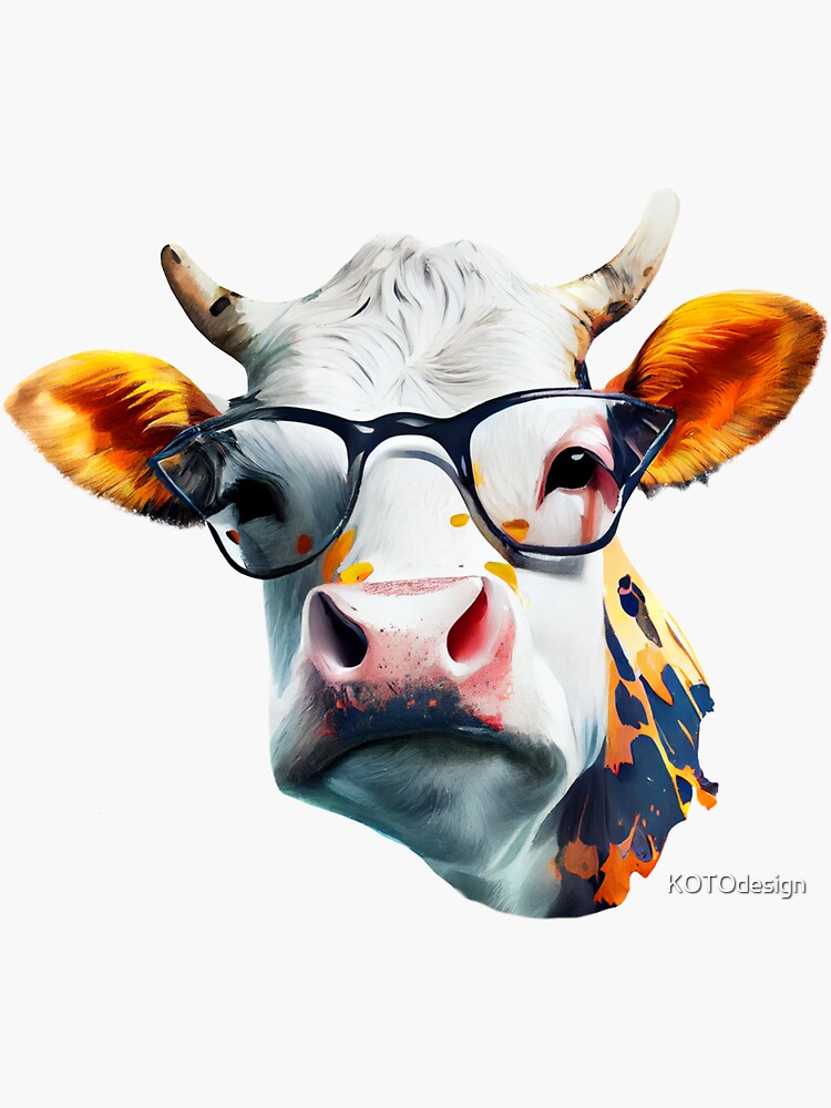 "Funky Cow with Glasses, Watercolor Painting" Sticker for Sale by ...