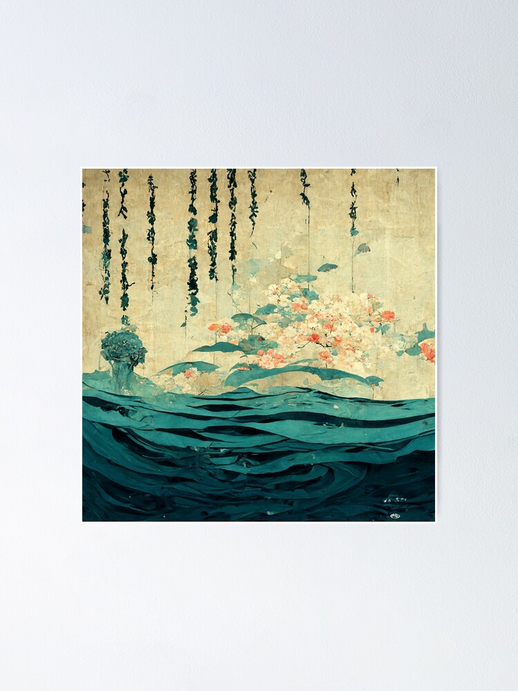 "Ukiyo-e old Japanese art style of sea flowers and Japanese font and ...